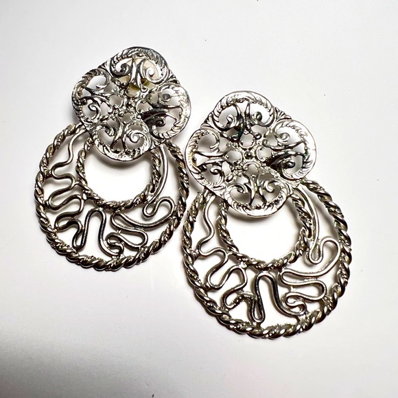 val | Jewelry | Vintage Large Silver Toned Earrings Marked Val Abstract ...